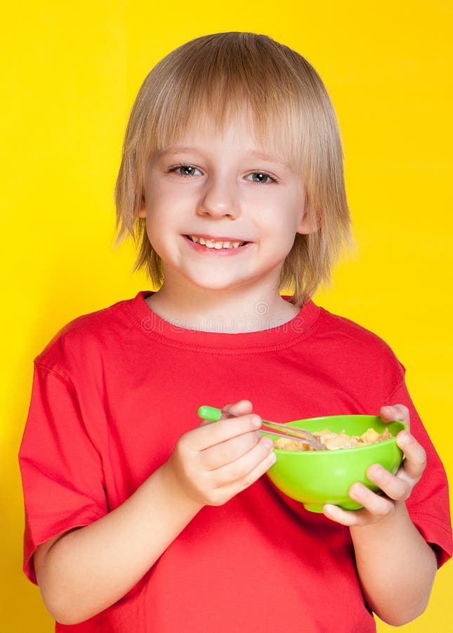 Boy Kid Child Eating Corn Flakes Cereal Stock Photo - Image of ...