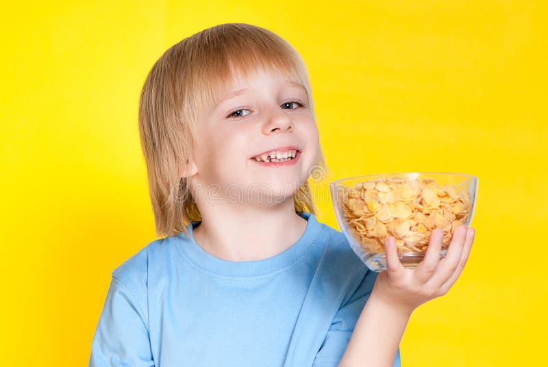 Boy Kid Child Eating Corn Flakes Cereal Stock Photo - Image of indoors ...