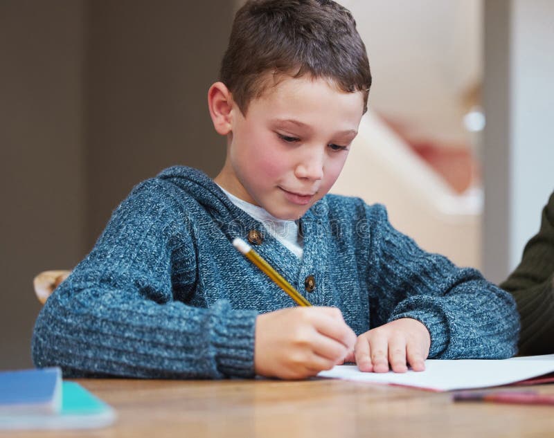 Boy, Kid and Homework with Paper on Table for Knowledge, Learning and ...
