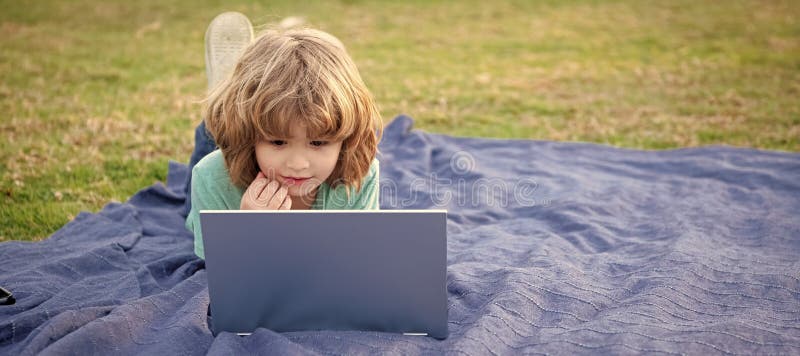 Boy Kid Use Laptop Computer Learning Technology Relaxing on Blanket ...