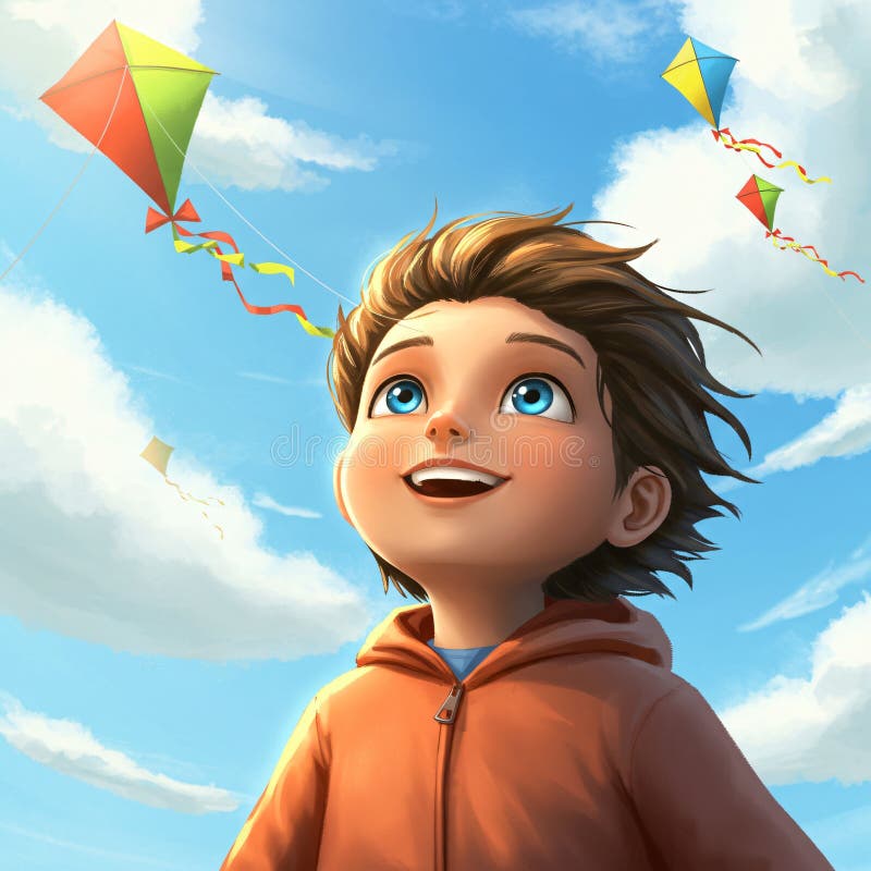 Boy with Kites on a Bright Day, Cartoon Style - Generated Using Ai ...