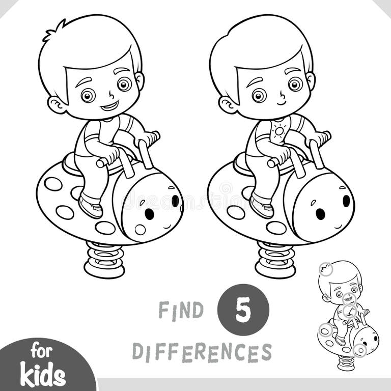 Boy and Ladybug Spring Rider on the Playground. Find Differences, Black and White Educational ...