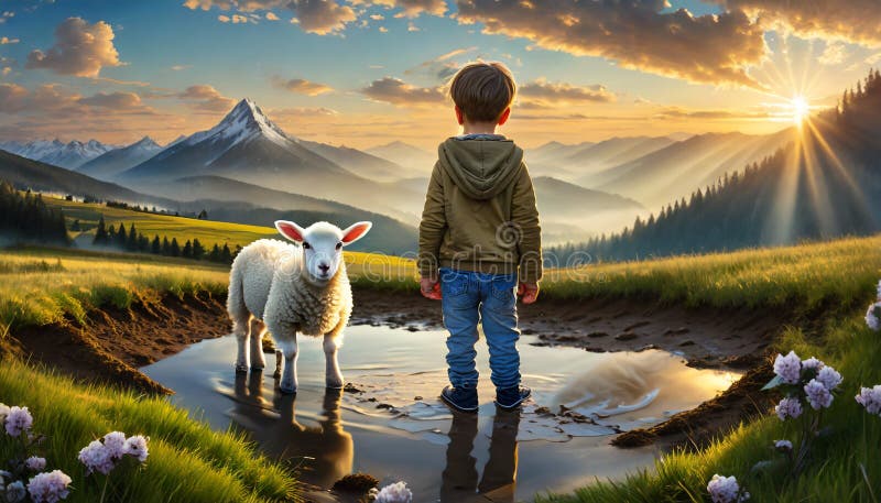 Boy with lamb in meadow stock illustration. Illustration of horizon ...