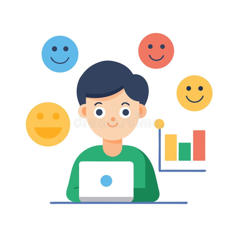 Boy on Laptop with Graph and Smiley Faces: Customer Feedback Concept ...