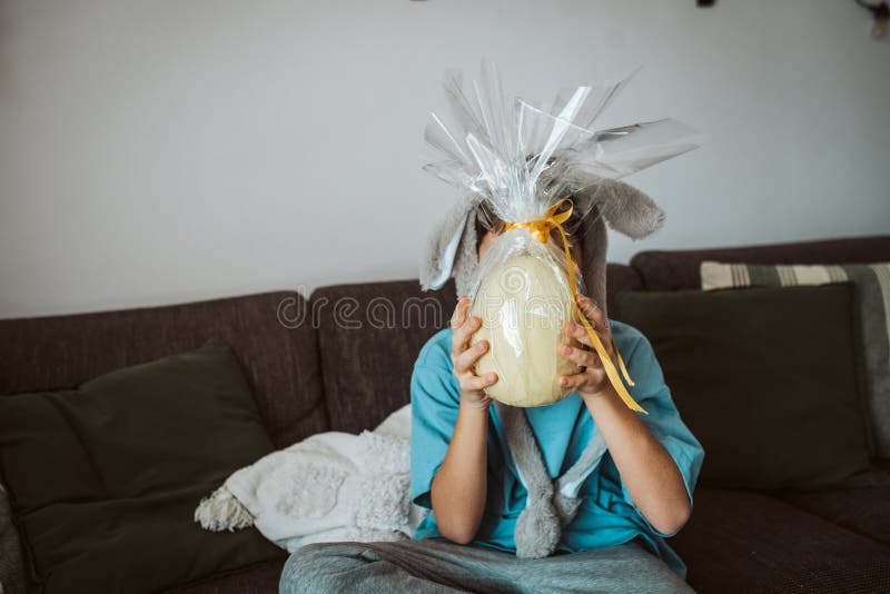 Boy with Large Easter Egg in Front His Face. Stock Photo - Image of ...