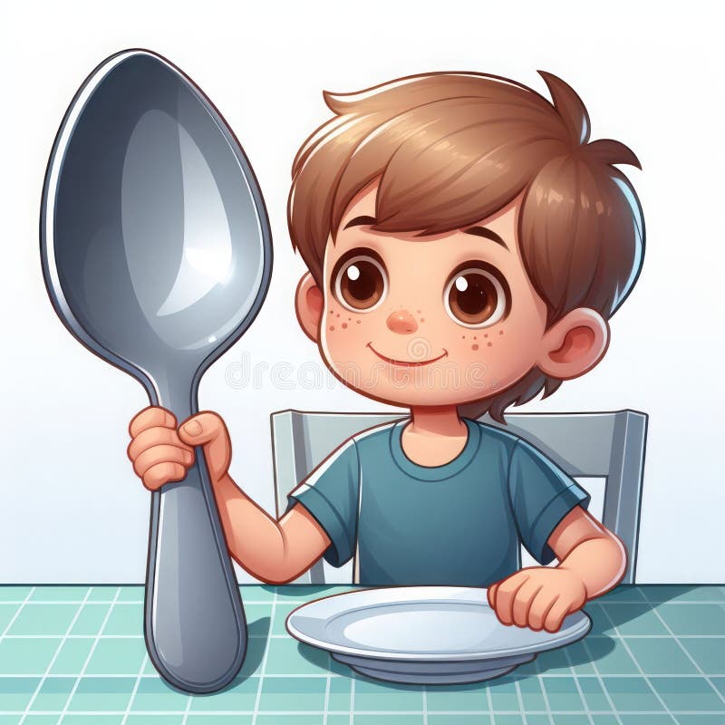 A Boy with a Large Spoon is Sitting at a Table. Stock Image - Image of ...