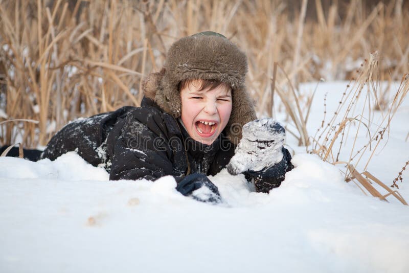 Boy Lay on Snow and Cries, Winter Stock Photo - Image of human, russian ...