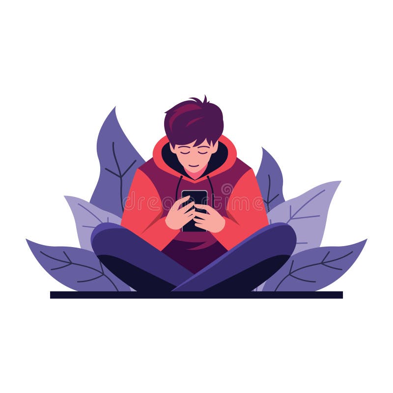 Boy Leaning Forward Fully Focused on Phone Stock Illustration ...