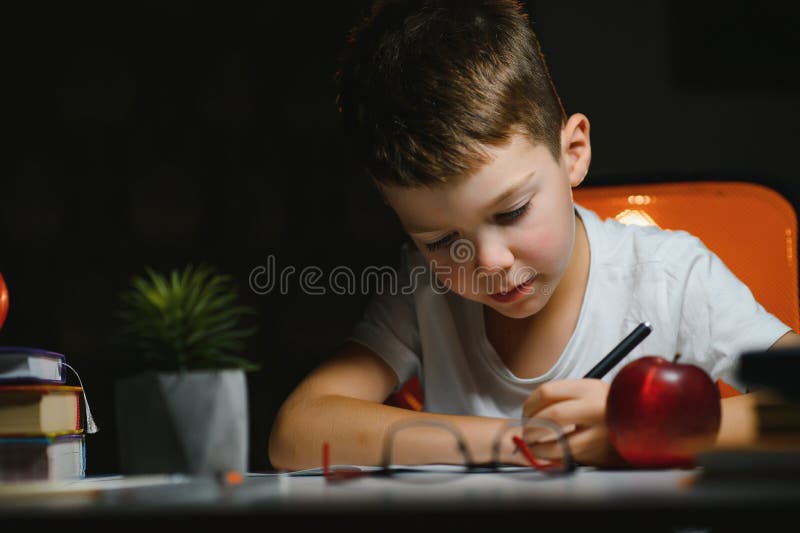 Boy Learn Lessons in the Home Setting at the Table in the Light of a ...