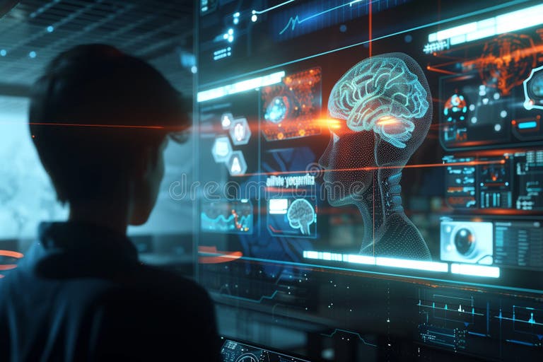 Boy Learning Brain Model Functioning on Holographic Display Showing ...