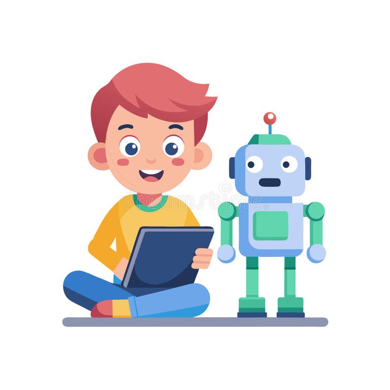 Boy Learning Coding with a Robot Friend on a Tablet Concept Design ...