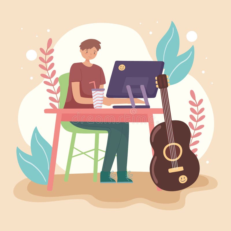 Boy learning with computer stock vector. Illustration of internet ...