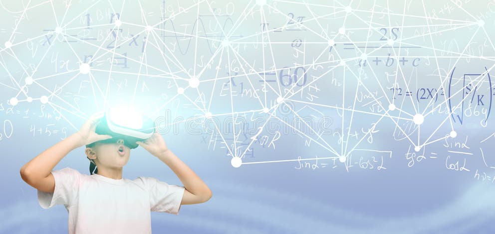 Boy Learning Math Using VR Glasses on Blue Background, Collage Stock ...