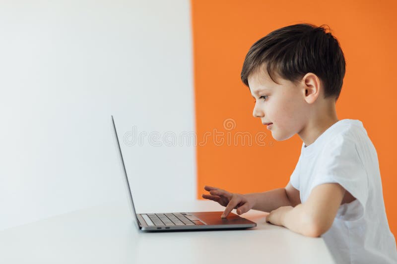 Boy Learning Online with a Laptop at a Table at Home Stock Image ...