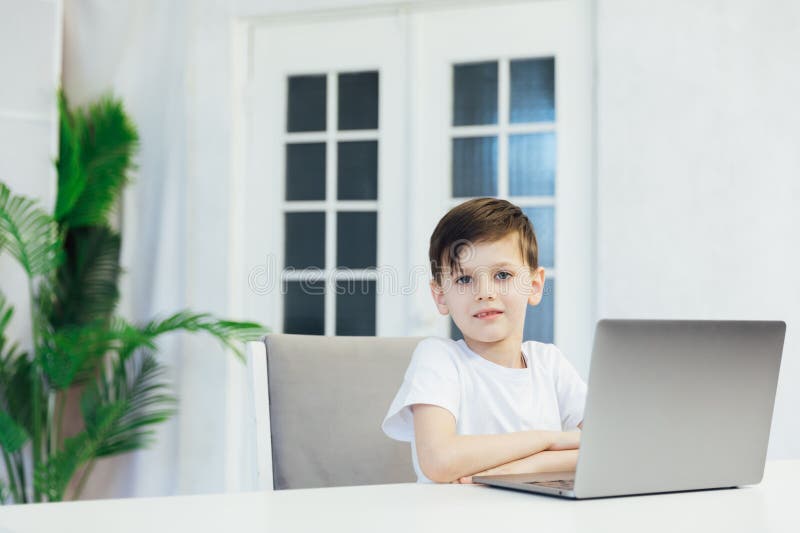 Boy Learning Online with a Laptop at a Table at Home Stock Illustration ...