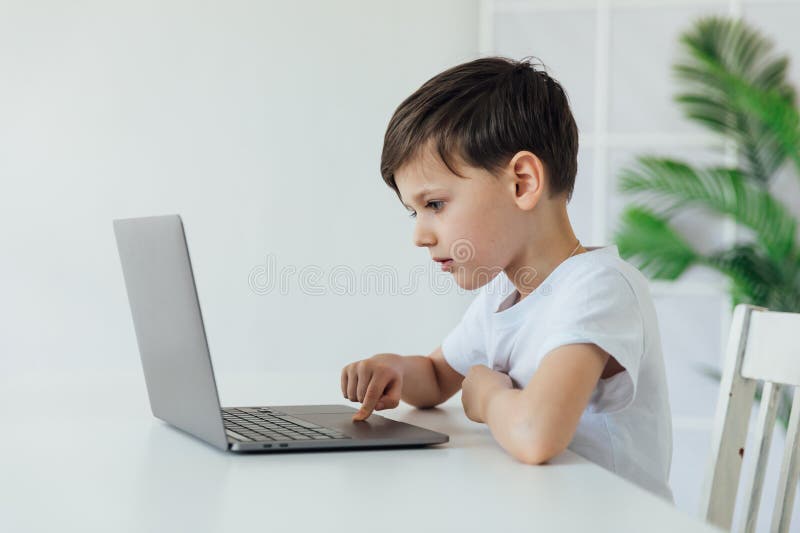 Boy Learning Online with a Laptop at a Table at Home Stock Image ...