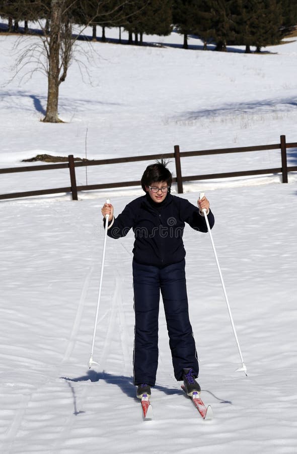 Boy Learns To Ski Cross-country in Winter Stock Image - Image of person ...