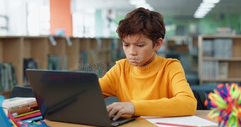 Boy, Library and Child on Laptop for Online Class, Remote Education and ...