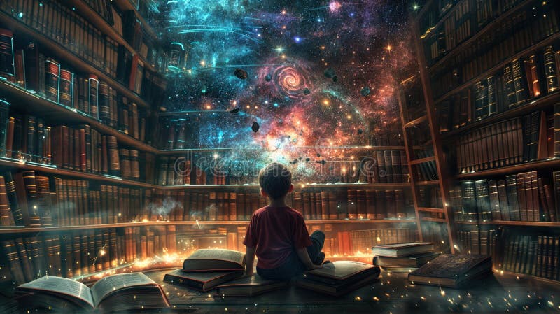 Boy in a Library Looking at the Stars Stock Illustration - Illustration ...