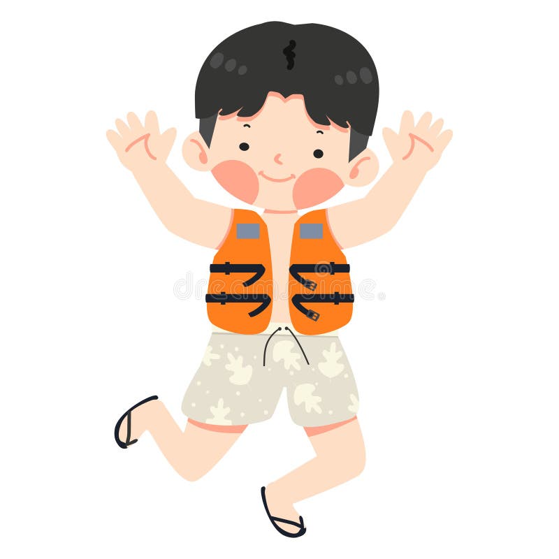 Boy in a Life Jacket Jumping and Waving Stock Vector - Illustration of ...
