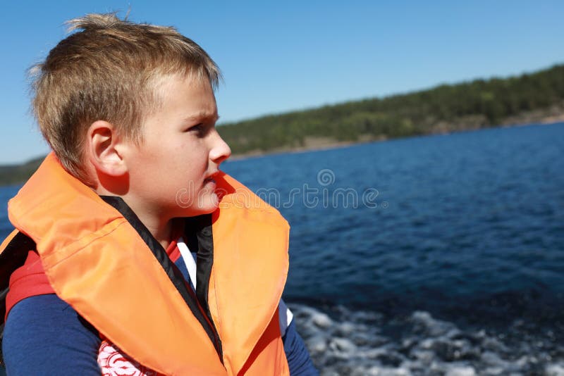 Boy in Life Jacket in Ladoga Skerries Stock Photo - Image of outdoor ...