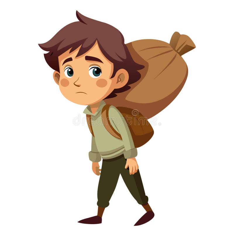 Boy Lifting Heavy Jute Bag on Shoulder with Strained Expression Stock ...