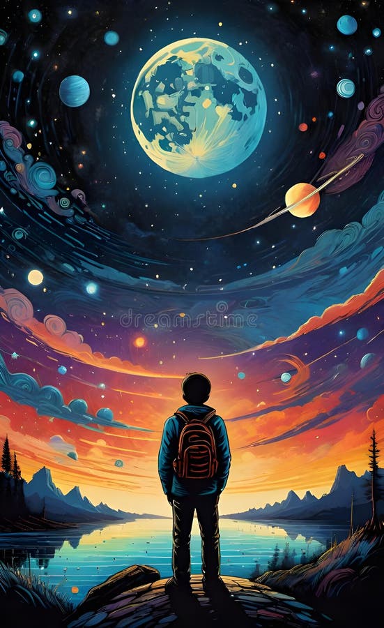 Boy Looking at the Beautiful and Amazing Night Sky Ai Generated Stock ...