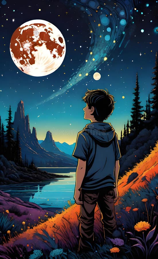 Boy Looking at the Beautiful and Amazing Night Sky Ai Generated Stock ...