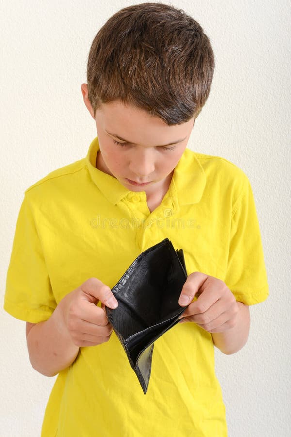 Boy Looking at an Empty Wallet Stock Image - Image of euro, empty: 72389449