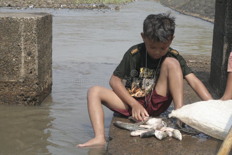Boy Looking for Fish in the River Editorial Photography - Image of ...