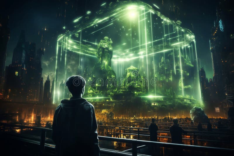 A Boy Looking at a Holographic Cube Projection on the Background of a ...