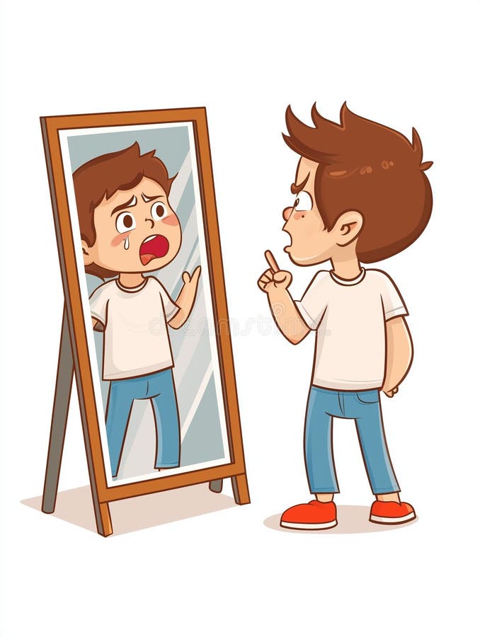A Boy Looking in a Mirror Angry at Himself, His Reflection is Crying ...