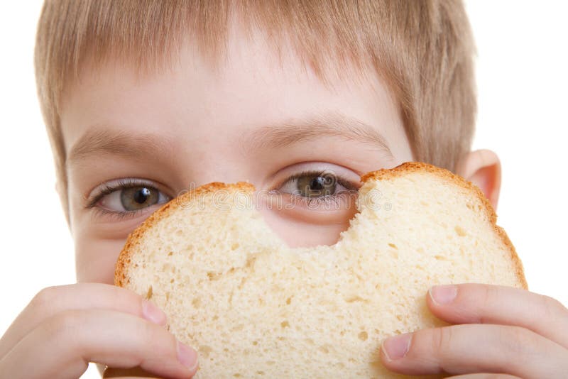 Boy Looking through Piece of Bread Stock Image - Image of food ...