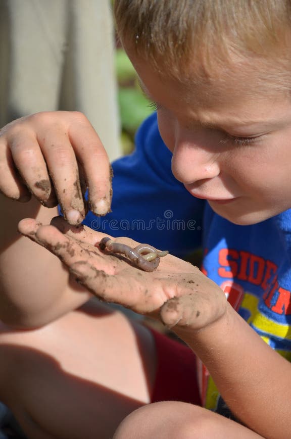 Boy Looking at a Worm on His Hand Stock Image - Image of compost ...