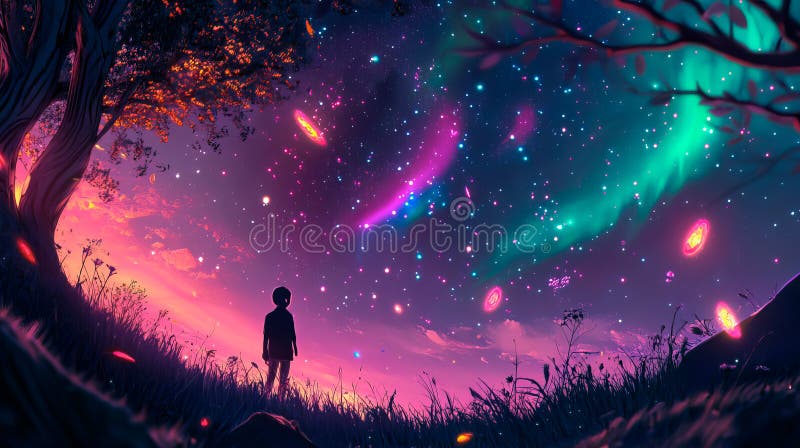 The Boy Looks at the Starry Vibrant Landscape Stock Image - Image of ...