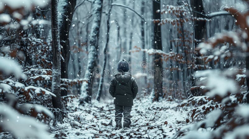 A Boy Lost in a Snowy Forest. a Small Kid Amid Tall Trees Stock ...
