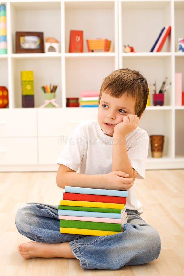 Boy with Lots of Books Thinking Stock Photo - Image of beautiful ...