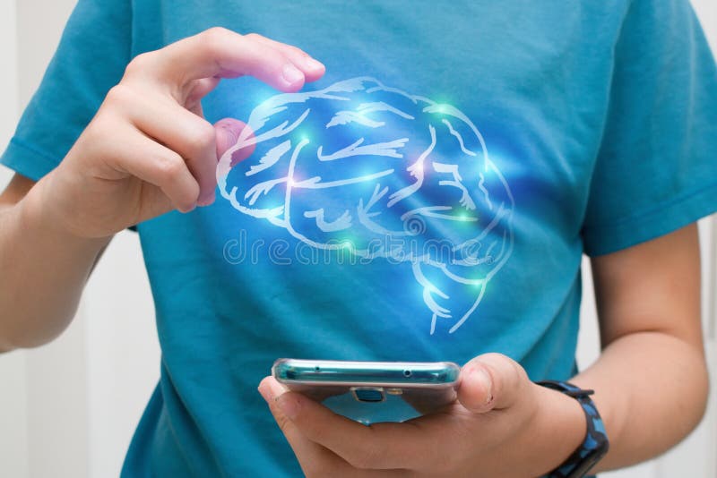 A Boy or Man Holds a Phone in His Hand with a Cartoon Brain Over it ...