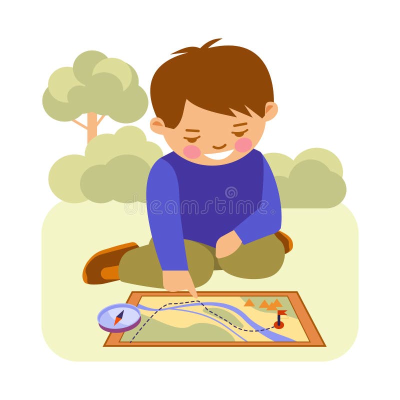 Boy with a Map and Compass. Vector Illustration in Flat Style Stock ...