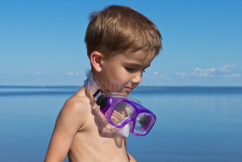 Young Boy in Diving Mask in Water Stock Image - Image of beach ...