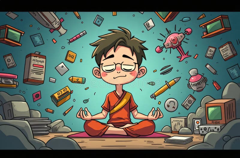 Boy Meditating while Surrounded by Chaos and Distractions, Maintaining ...