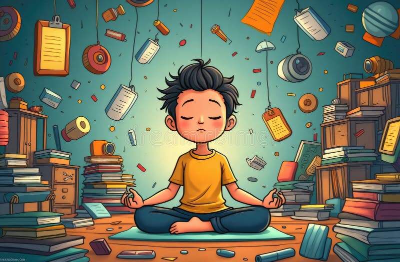 Boy Meditating while Surrounded by Chaos and Distractions, Maintaining ...