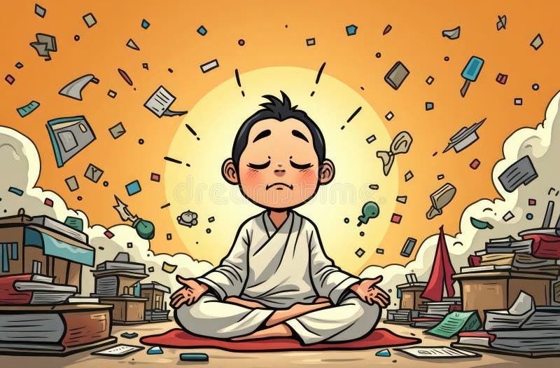 Boy Meditating while Surrounded by Chaos and Distractions, Maintaining ...