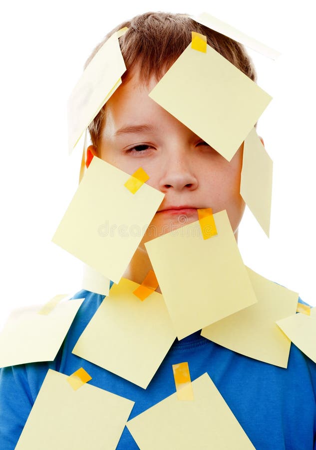 Boy with Memo Posts on His Face Stock Photo - Image of paper, memory ...