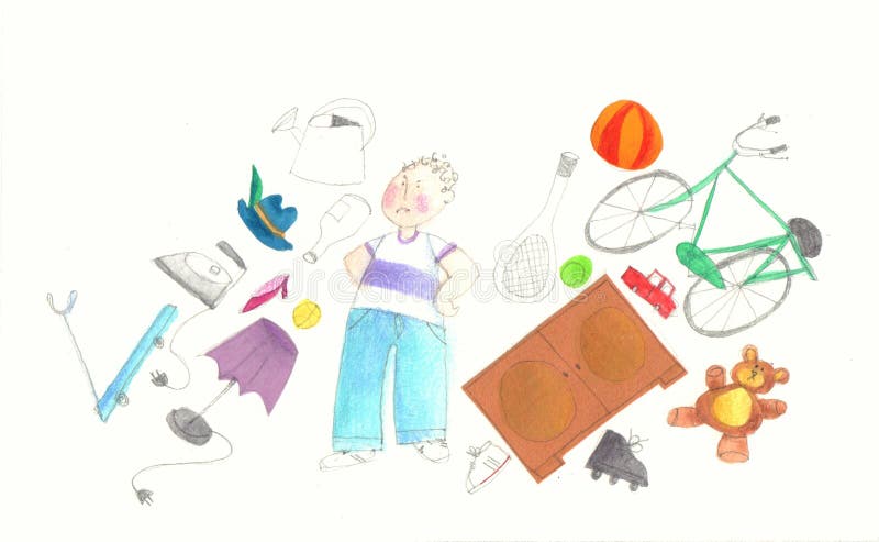 A Boy with among a Mess of Different Objects Stock Illustration ...