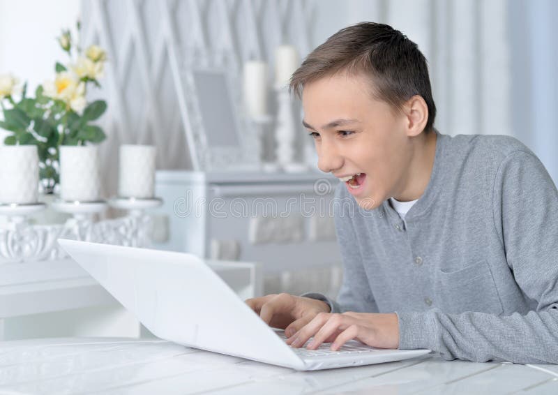 Boy with modern laptop stock image. Image of schoolboy - 101052007