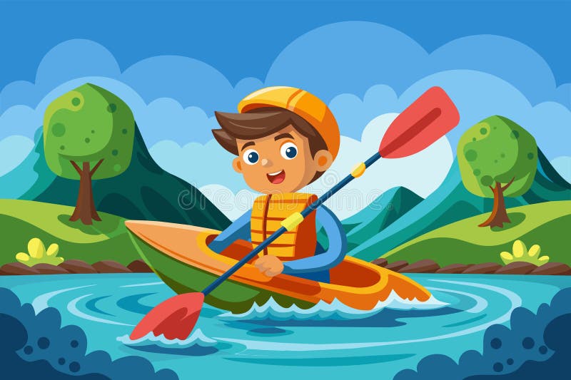 A Boy is Navigating a Kayak in the River, Kayaking Customizable Cartoon ...