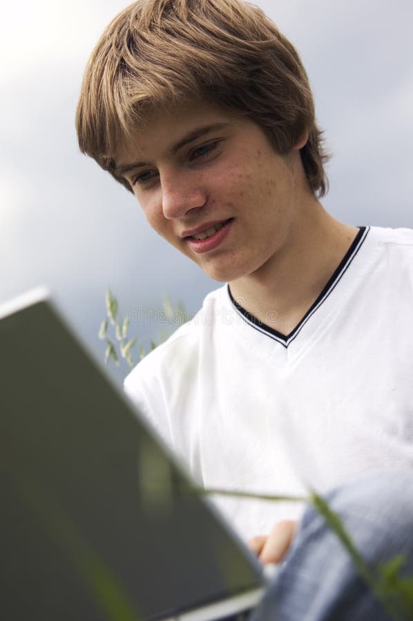 Boy with Notebook on the Field Stock Image - Image of holiday, notebook ...