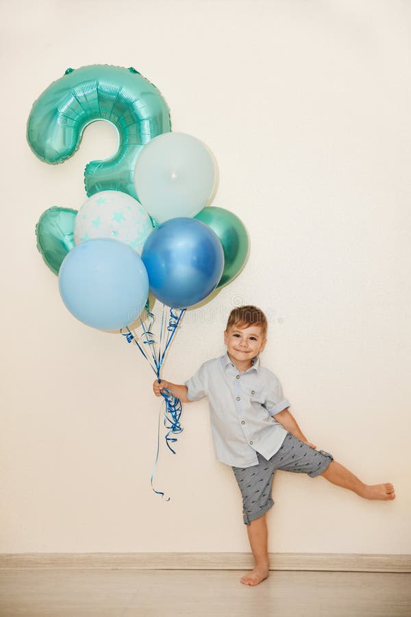 Boy with the Number Three and the Ballons for His Birthday Stock Photo ...