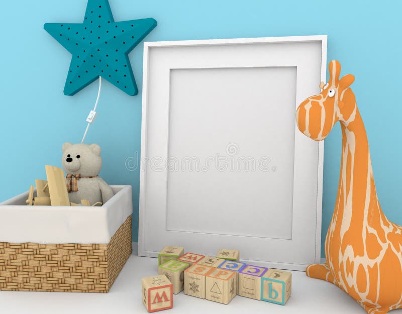 Boy Nursery with Frame on the Wall, 3d Illustration, 3d Rendering Stock ...